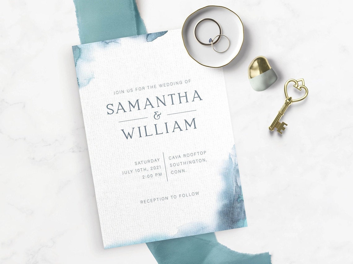Wedding Invitation Template Blue Green Aqua Watercolor Modern - Etsy