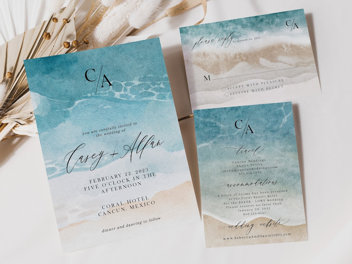 Beach Wedding Invitation Suite Destination Wedding Beach - Etsy
