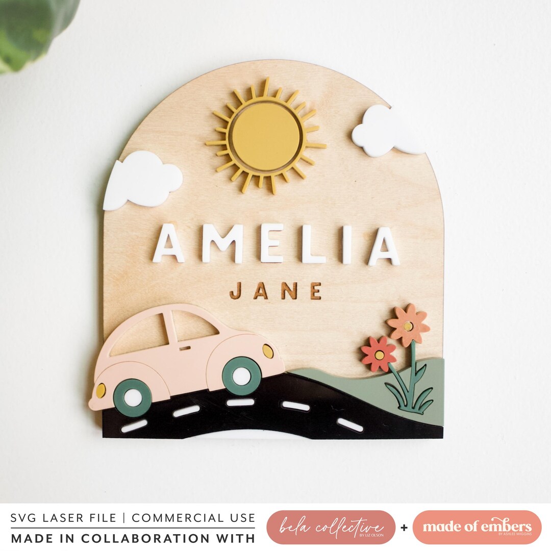 Classic Car Baby Name Sign SVG: Floral Wood Decor Laser Cut File - Etsy