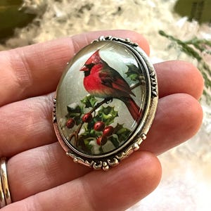 Cardinal Brooch, Winter Pin, Christmas Brooch, Red Bird Pin W Holly ...