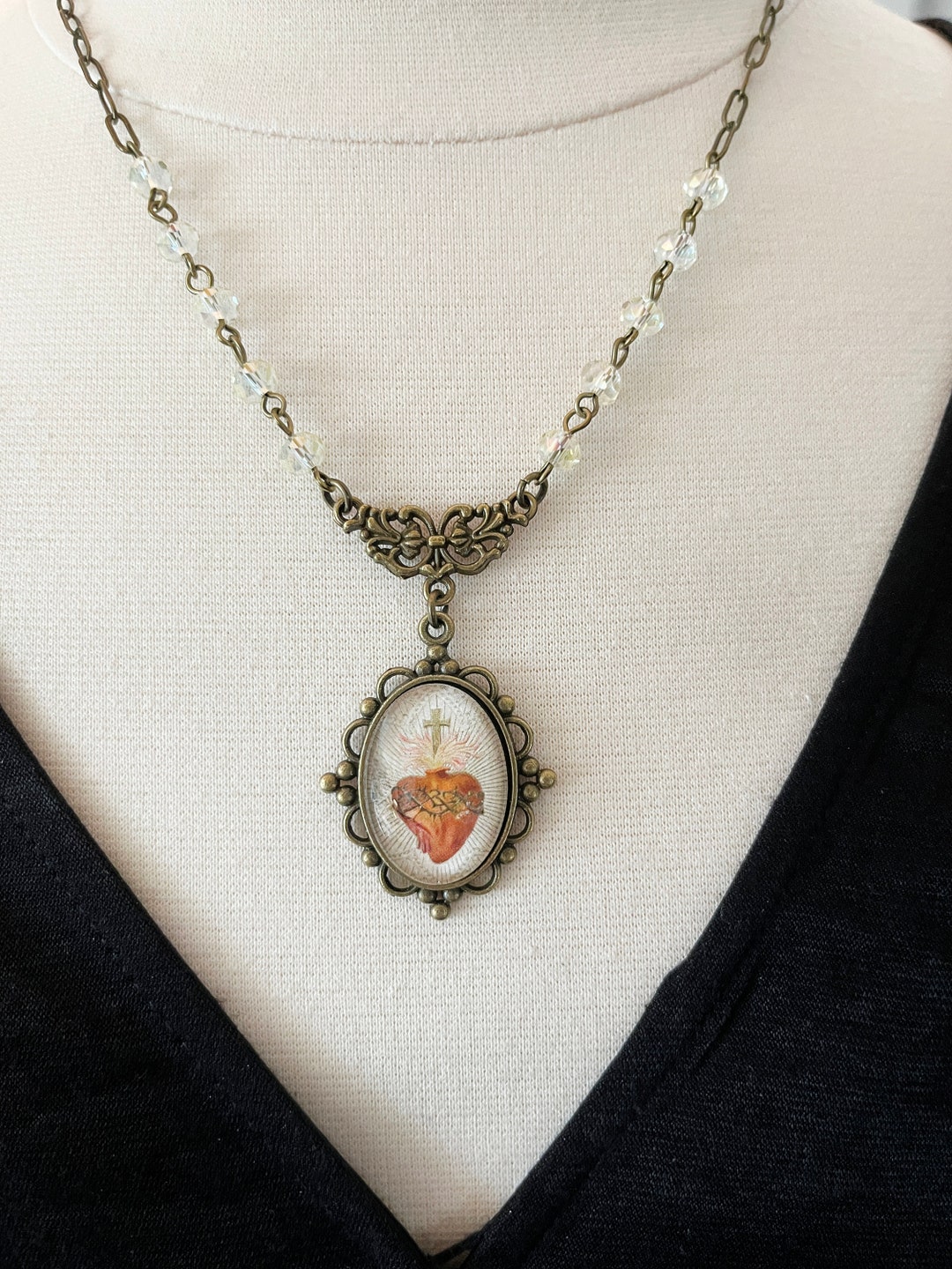 Vintage Inspired Sacred Heart Necklace, Sacred Heart of Jesus Necklace ...