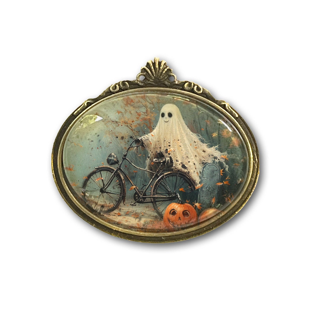 Ghost Brooch, Ghost on a Bicycle Pin, Ghost Hunting Pin, Graveyard Pin ...