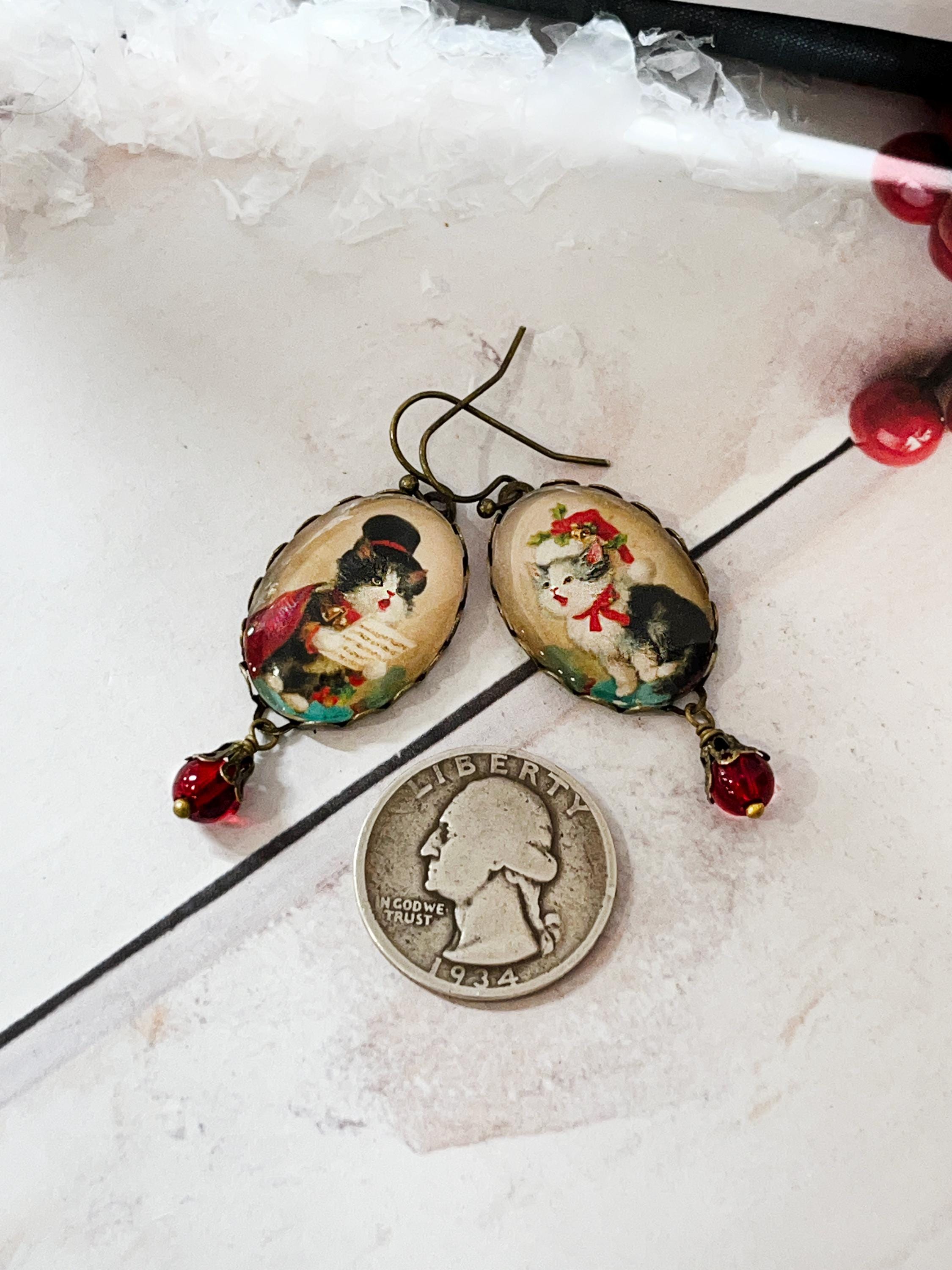 Victorian Style Mismatched Caroling Christmas Cat Earrings - Holiday ...