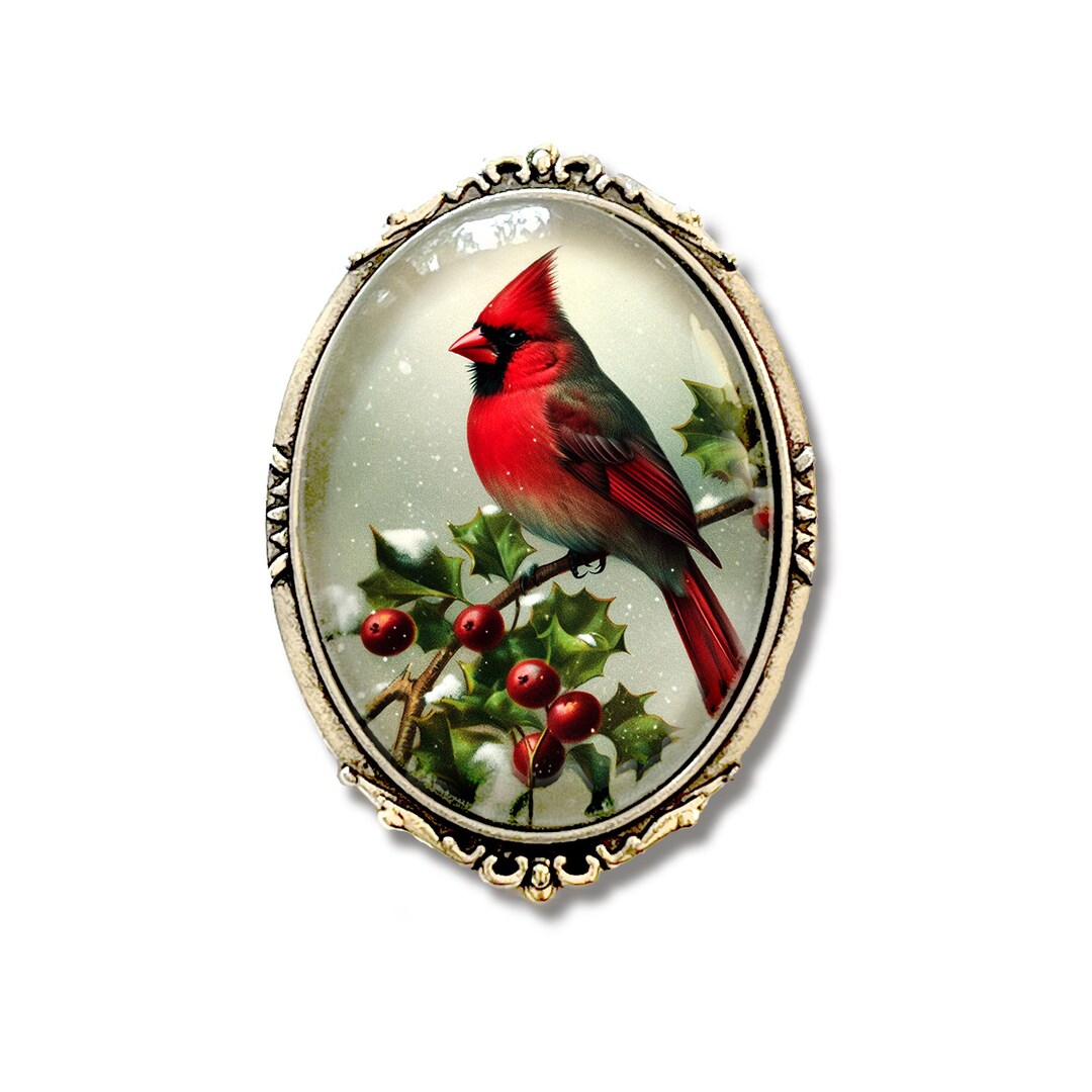 Cardinal Brooch, Winter Pin, Christmas Brooch, Red Bird Pin W Holly ...