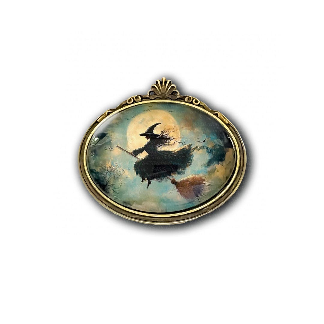 Victorian Inspired Witch Brooch: Antiqued Bronze Tone Flying Witch Over ...