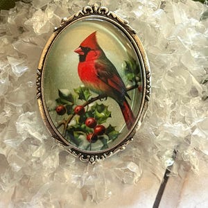 Cardinal Brooch, Winter Pin, Christmas Brooch, Red Bird Pin W Holly ...