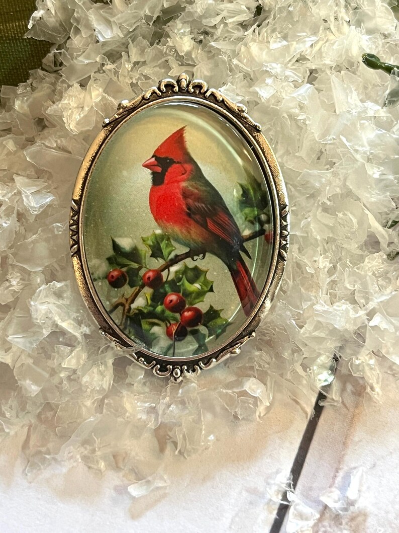 Victorian Style Cardinal Brooch: Holiday Red Bird Pin With Holly - Etsy