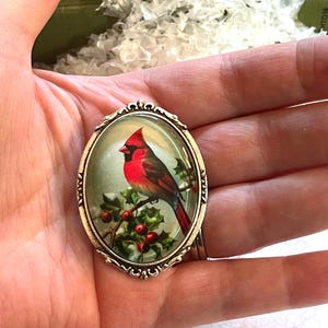 Cardinal Brooch, Winter Pin, Christmas Brooch, Red Bird Pin W Holly ...
