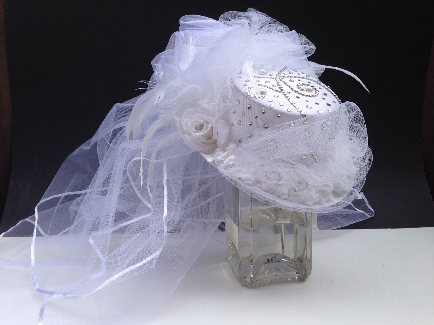 White Satin Bridal Mini Top Hat With Satin Edge Communion Veil ...
