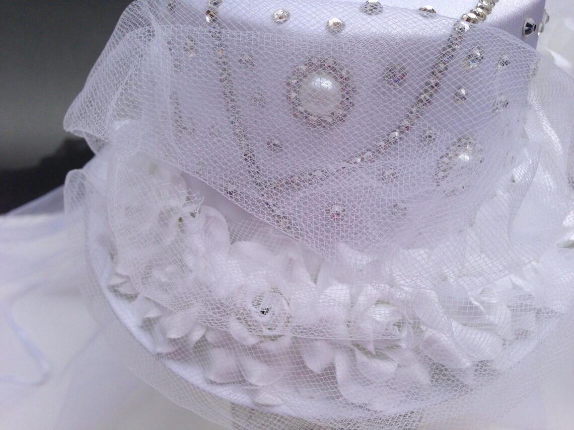 White Satin Bridal Mini Top Hat With Satin Edge Communion Veil ...
