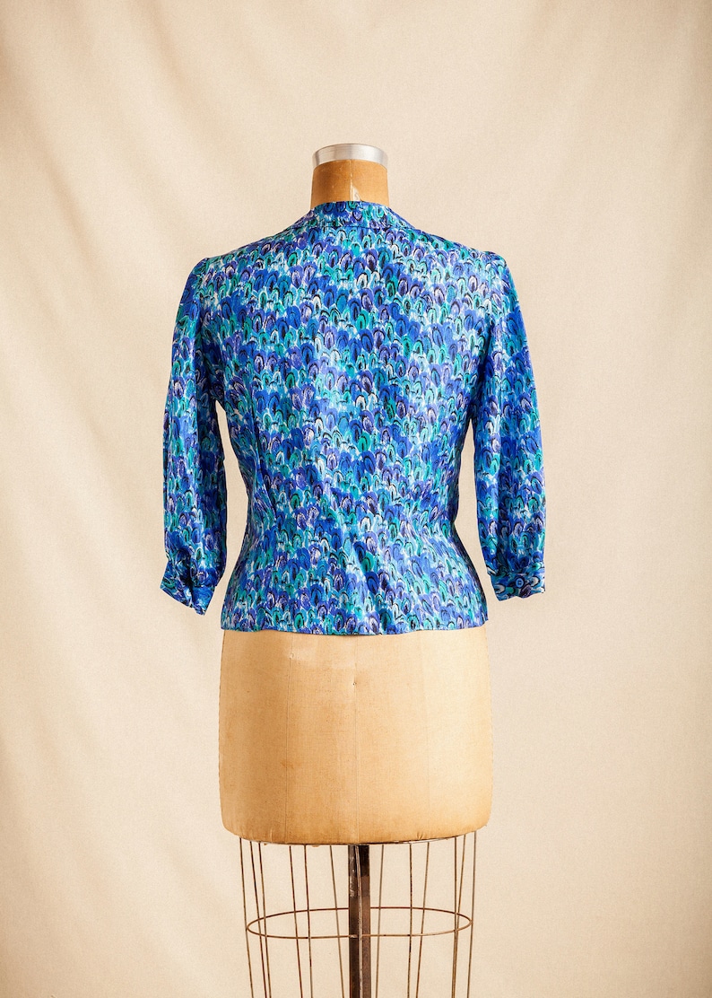 Vintage 1950s 60s Vera Silk Blouse Blue Abstract Feather Etsy