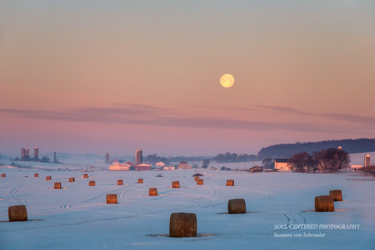 Moon Photo, Nature Photography, Rural Wisconsin, Landscape, Barns, Fine ...