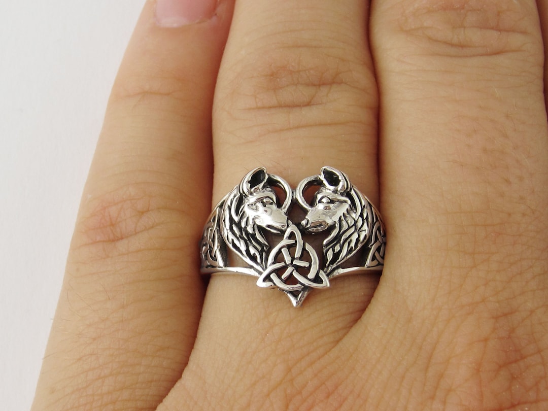 Wolf Ring Celtic Wolf Ring Heart Wolf Jewelry 2 Wolves Ring 925 ...