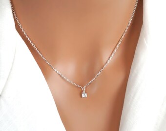 Square Cubic Zirconia Charm Necklace, 925 Sterling Silver Square Cubic Zirconia Charm Necklace, 925 Sterling Silver