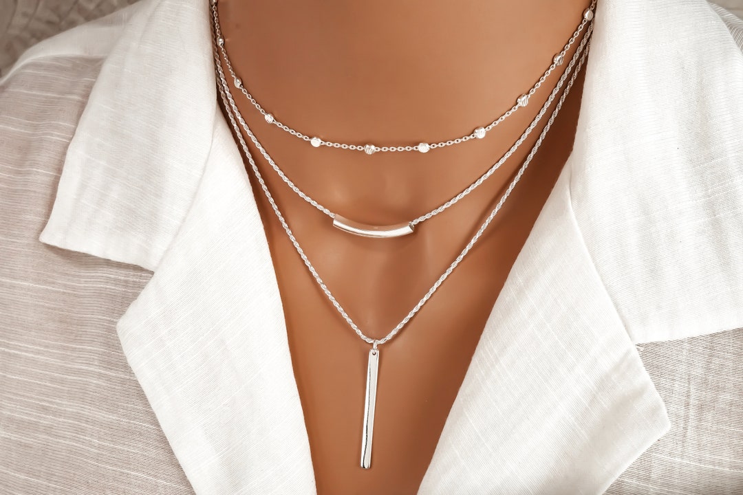 Sterling Silver Layered Necklace 3 Layer Minimalist Jewelry Vertical ...