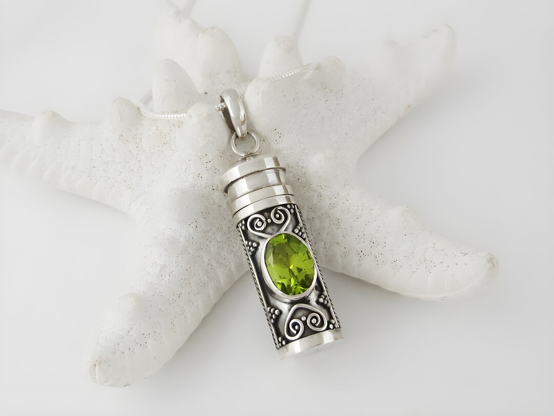 Prayer Box Necklace - Peridot Capsule - Hollow Tube Pendant - Keepsake ...