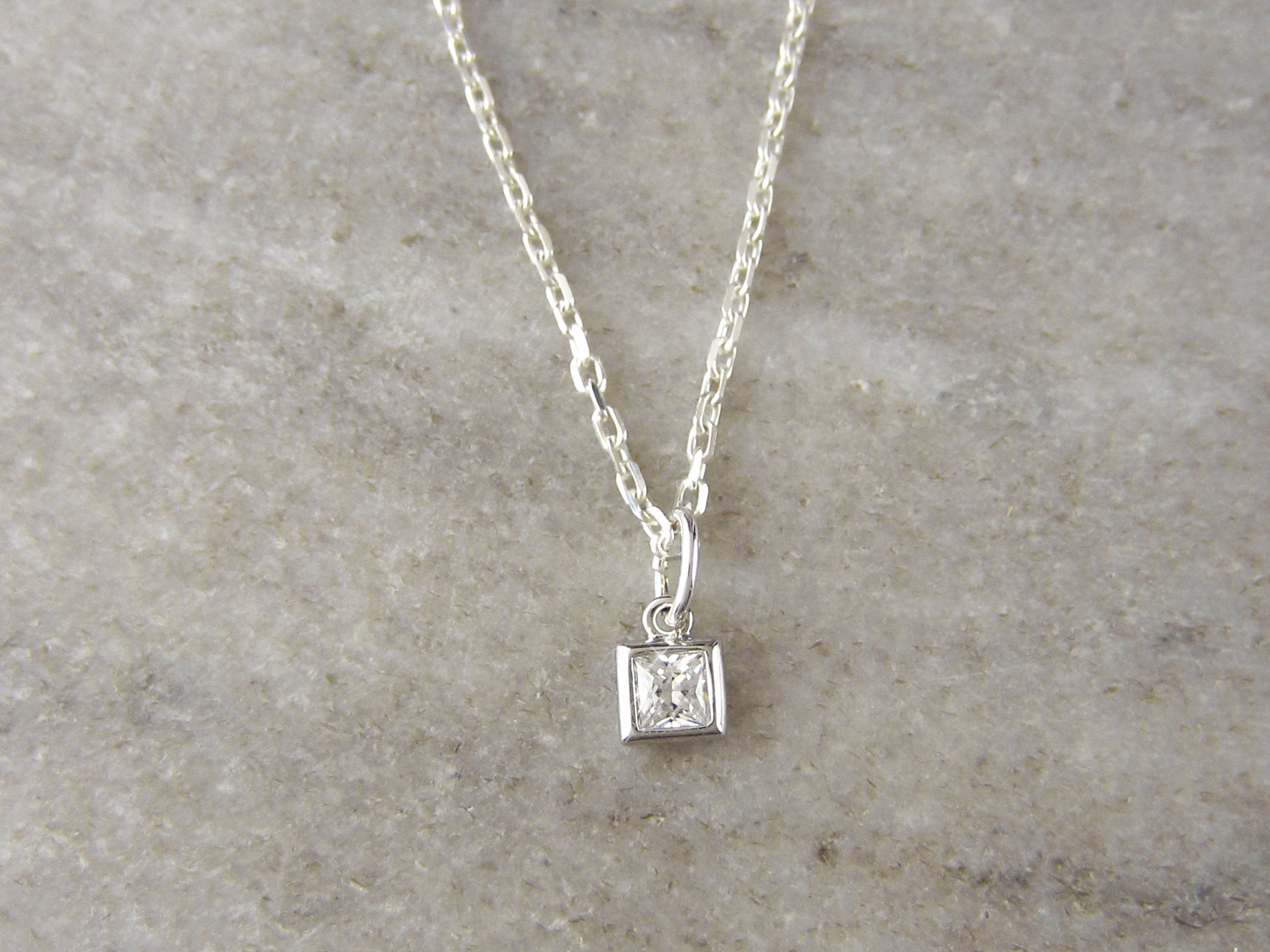 Square Cubic Zirconia Charm Necklace, 925 Sterling Silver Square Cubic Zirconia Charm Necklace, 925 Sterling Silver
