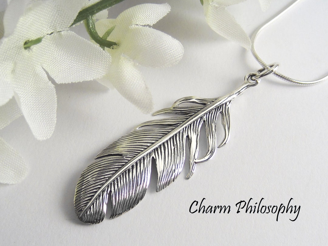 Large Feather Necklace 925 Sterling Silver Jewelry Feather - Etsy Canada