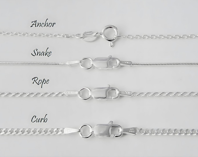 925 Sterling Silver Chain, Anchor, Rope, Snake and Curb Chains, 14, 16 ...