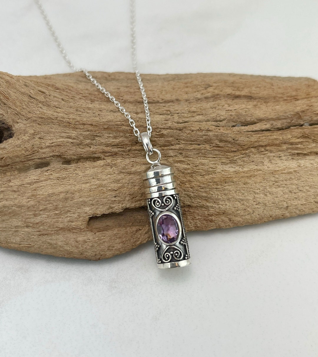 Amethyst Prayer Locket Necklace Hollow Tube Pendant Keepsake Jewelry ...