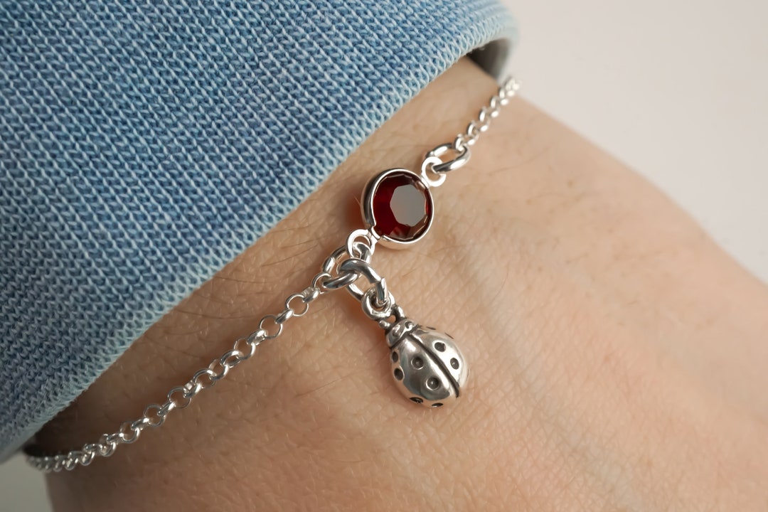 Ladybug Bracelet or Anklet - 925 Sterling Silver Birthstone Bracelet ...