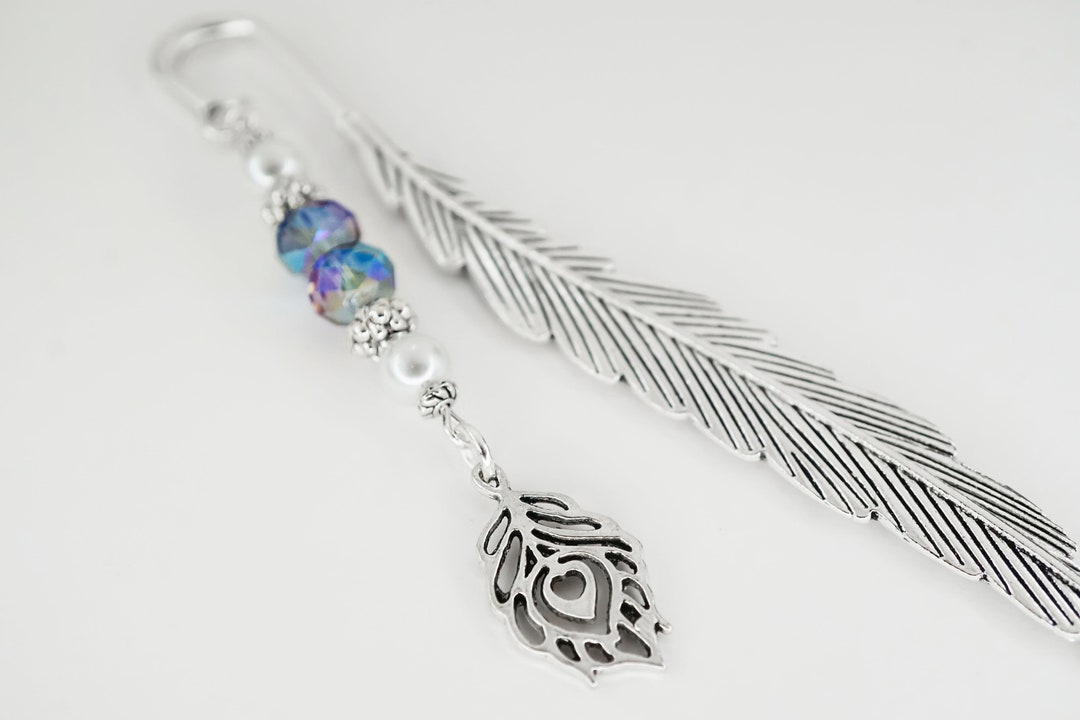 Peacock Feather Bookmark Tibetan Silver Beaded Bookmark Feather Charm ...
