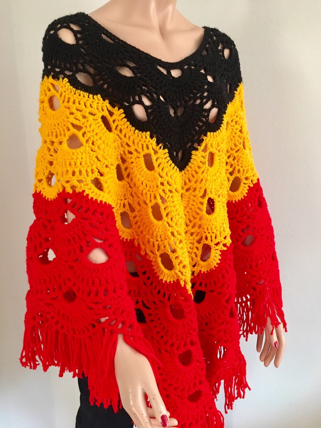 Crochet Uganda Flag Poncho: Soft Acrylic Yarn, Fringed Patriotic Shawl ...
