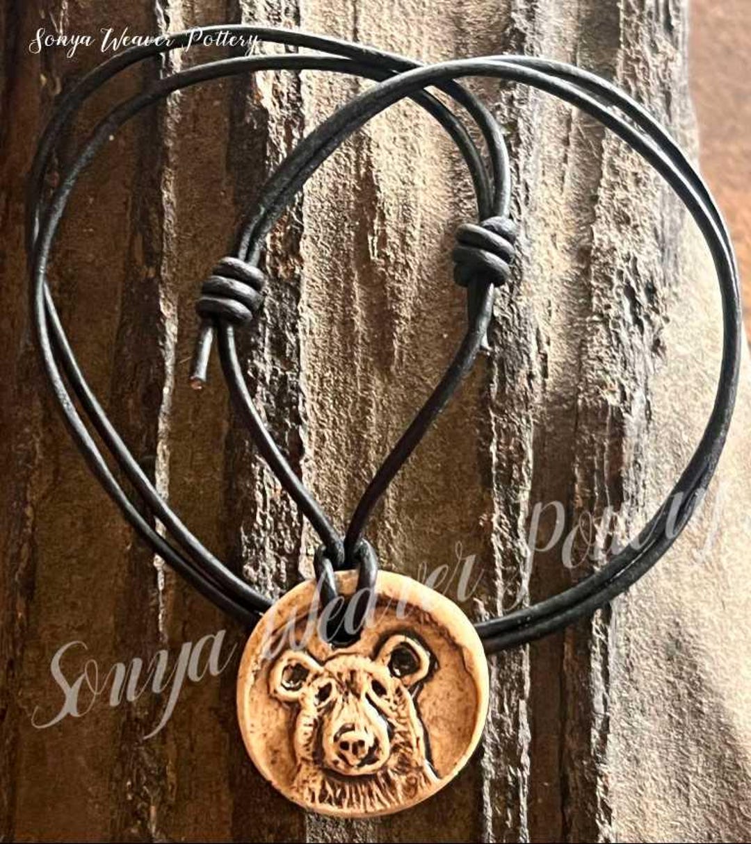 Handmade Stoneware Pottery Stamped Bear Pendant on Leather Cord - Etsy