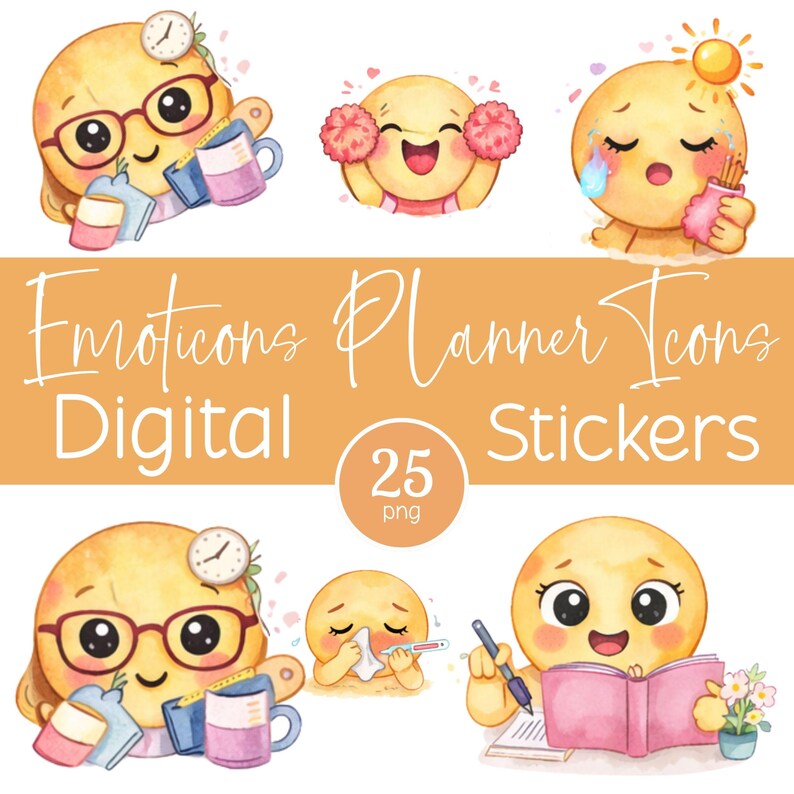 Emoticon Planner Stickers, Digital Emoji Stickers, Kawaii Mood Icons ...