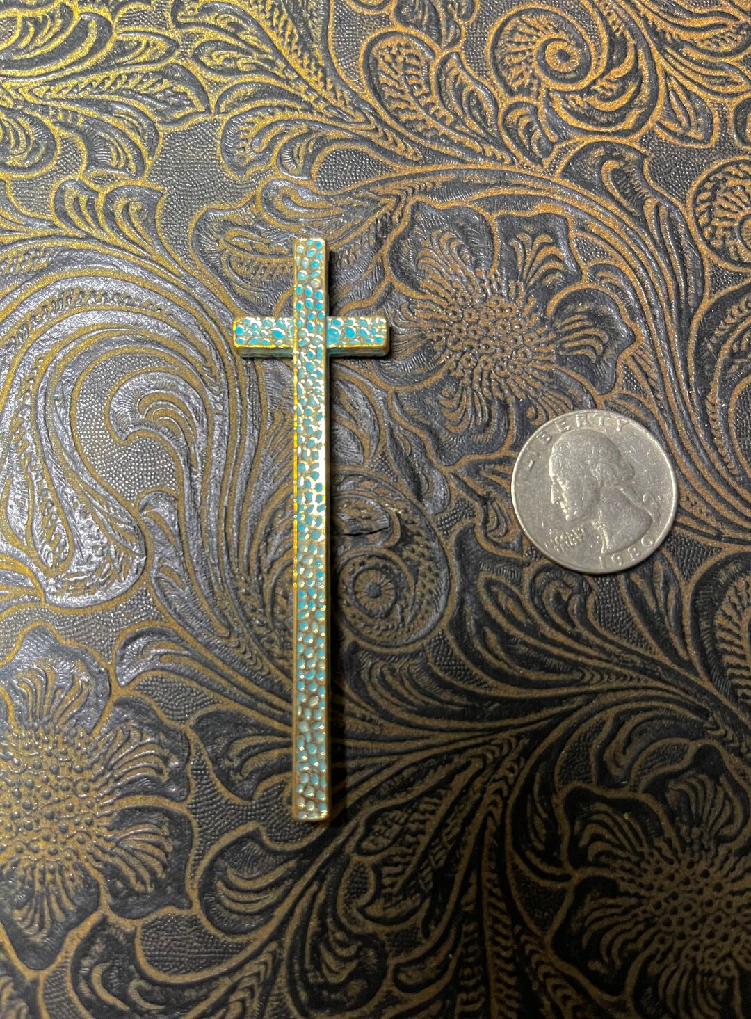 Long Patina and Gold Cross, Long Thin Cross Charm, Blue Patina and Gold ...