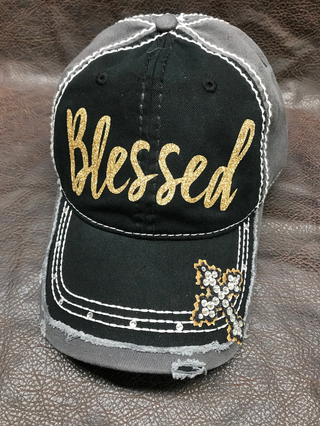 BLESSED Distressed Bling Hat With Cross - Rhinestones - Etsy