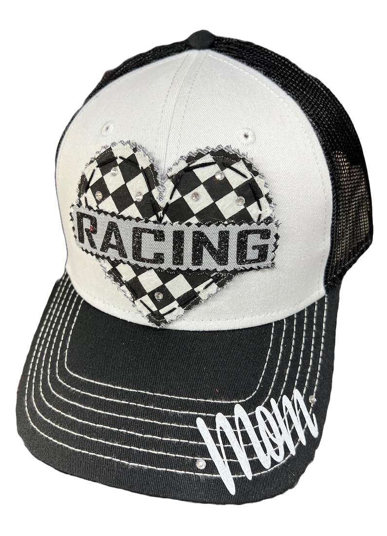 I Love RACING Checkered Flag Print Heart Hat - Customizable Hat ...