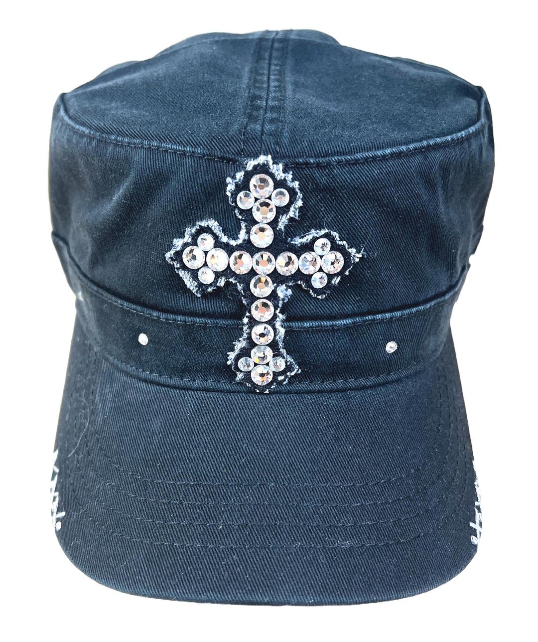 Crystal Rhinestone Cross Cadet Cap - Short Billed Military Style Hat in ...