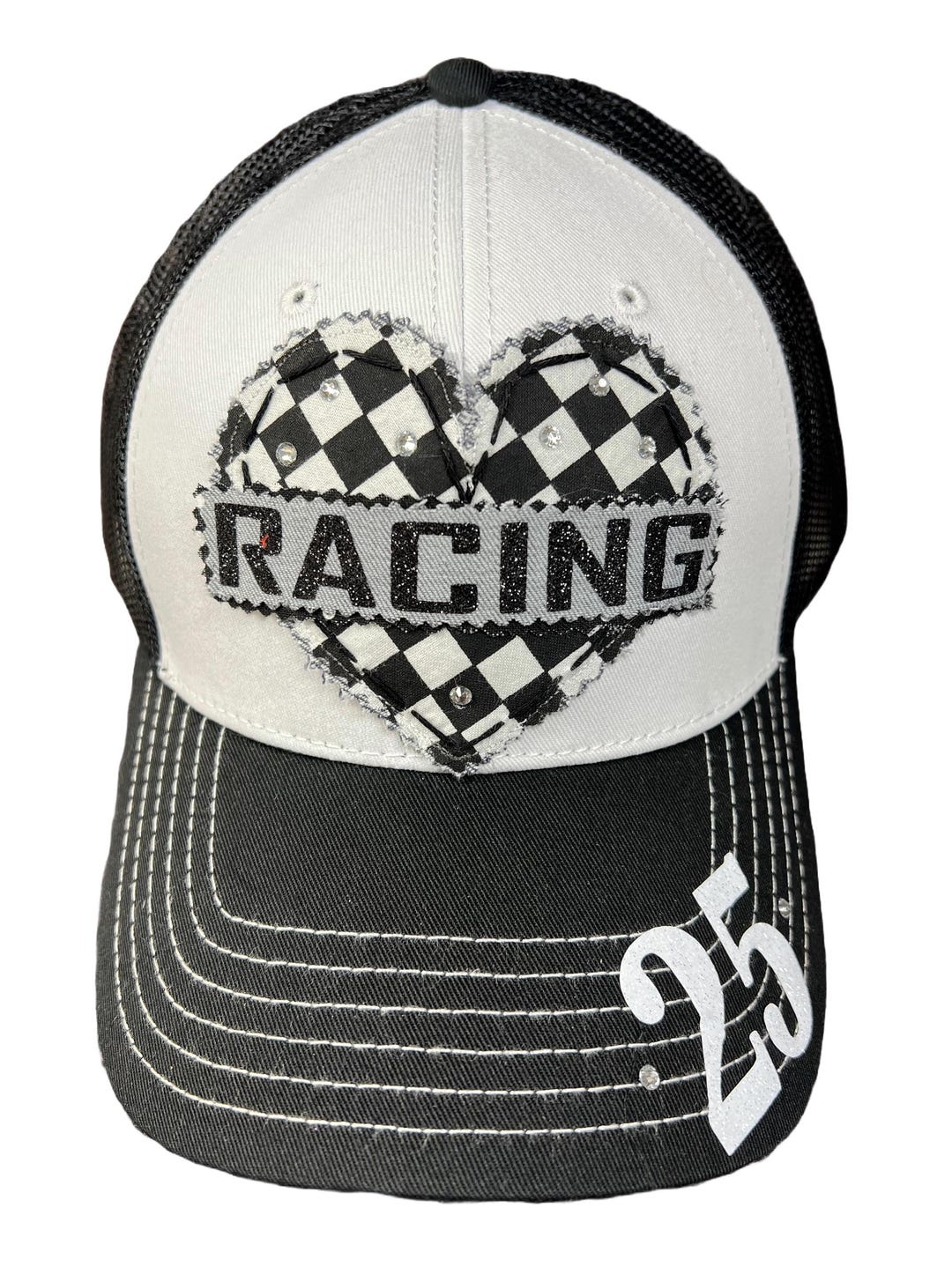 I Love RACING Checkered Flag Print Heart Hat - Customizable Hat ...