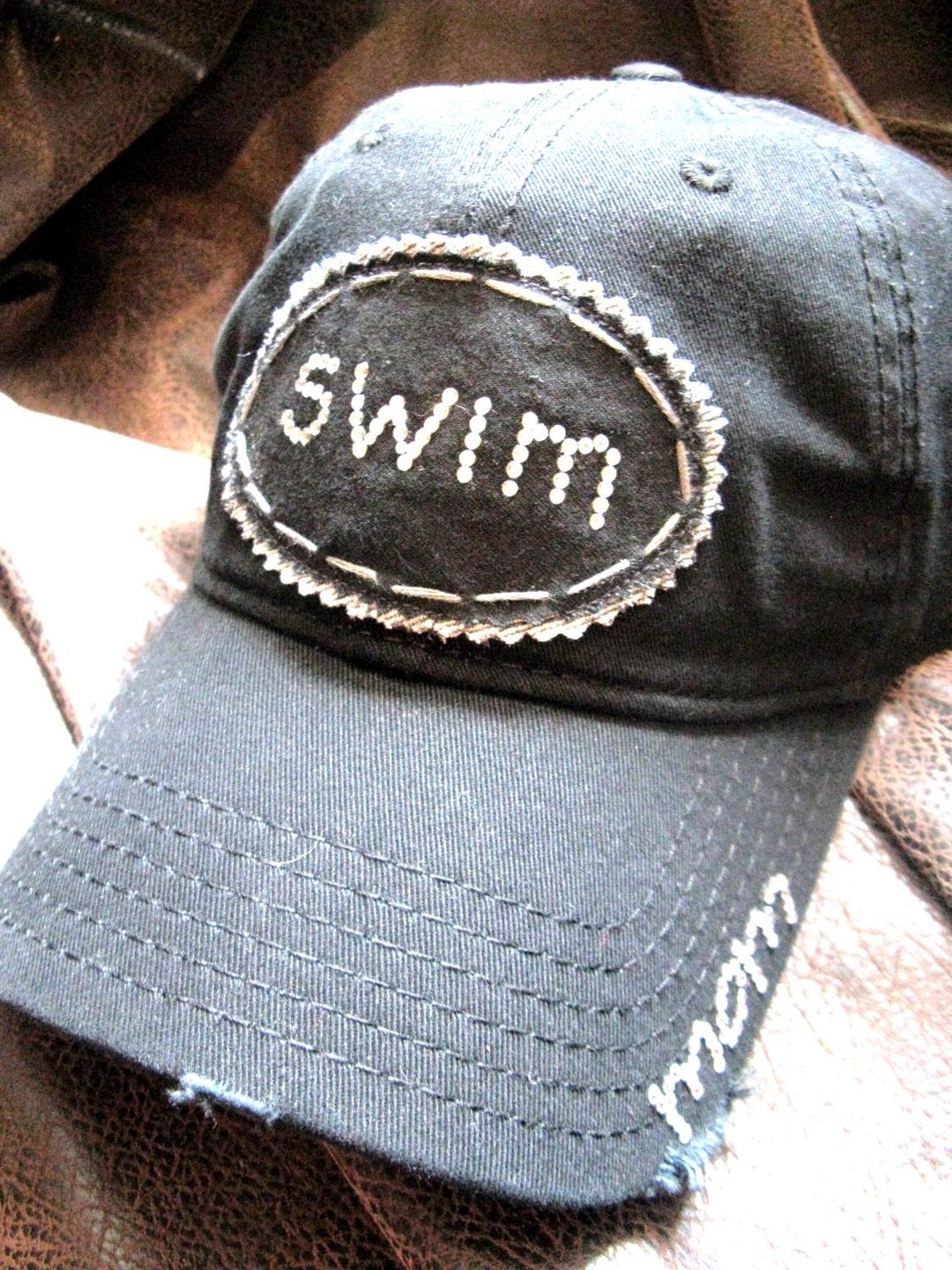 Bling SWIM Mom Distressed Ball Cap - Custom Swim Hat - Personalizable ...