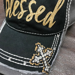 BLESSED Distressed Bling Hat With Cross - Rhinestones - Etsy
