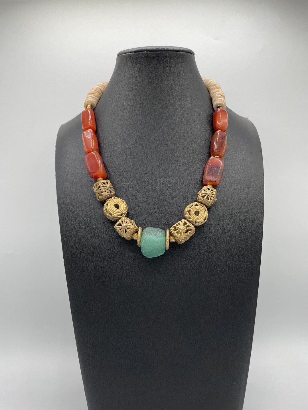 Carnelian, Brass & Clam Shell Necklace - Gift, Womens African Necklace ...