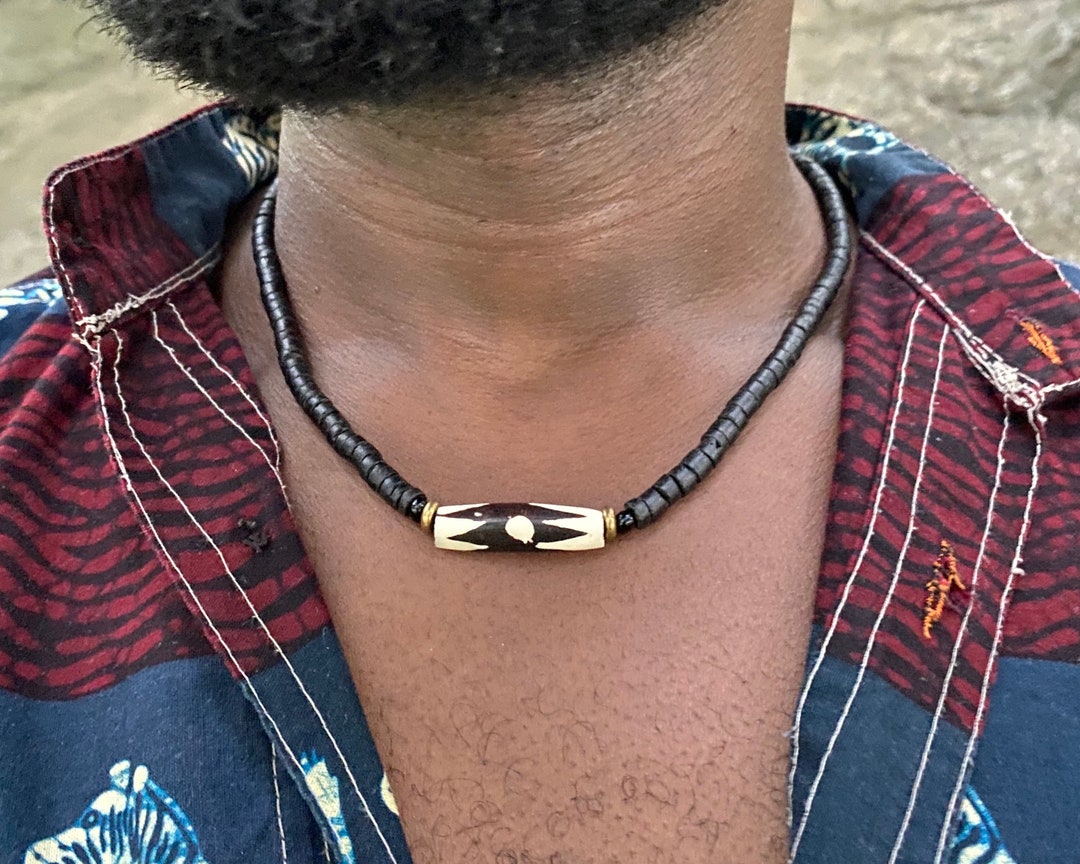 Batik Bone Mens Necklace: African Ethnic Brass Accent - Etsy