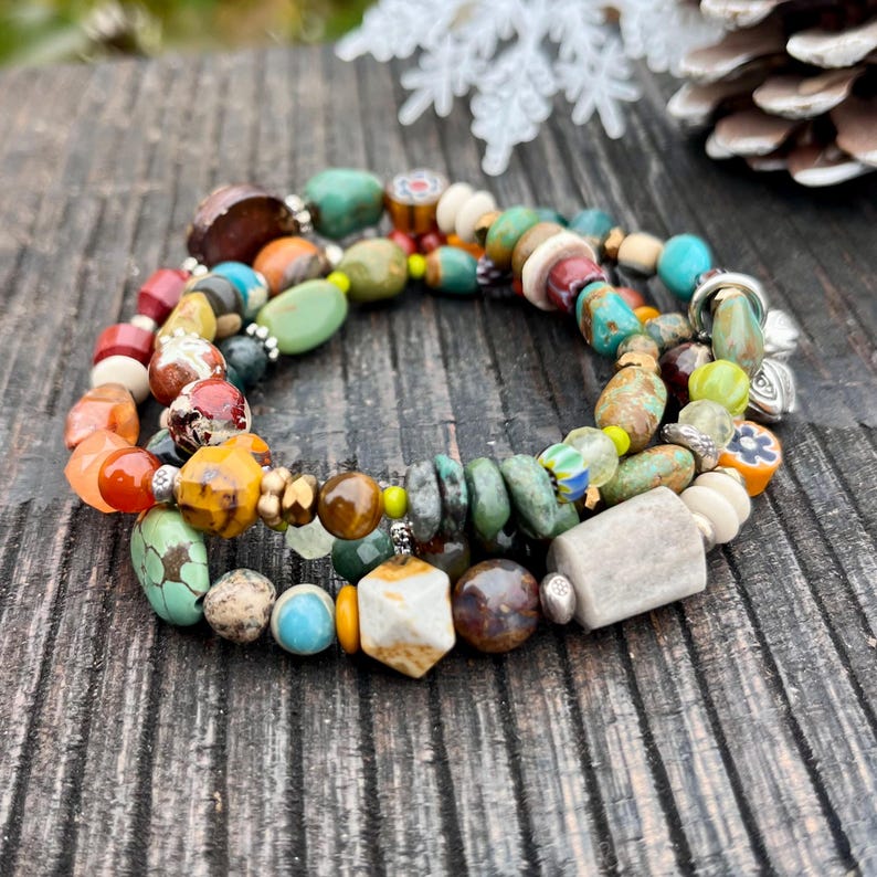 Turquoise Stacking Bracelets Set, Fall Fox Charm, Jasper Abalone Beaded ...
