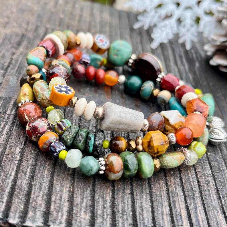 Turquoise Stacking Bracelets Set, Fall Fox Charm, Jasper Abalone Beaded ...