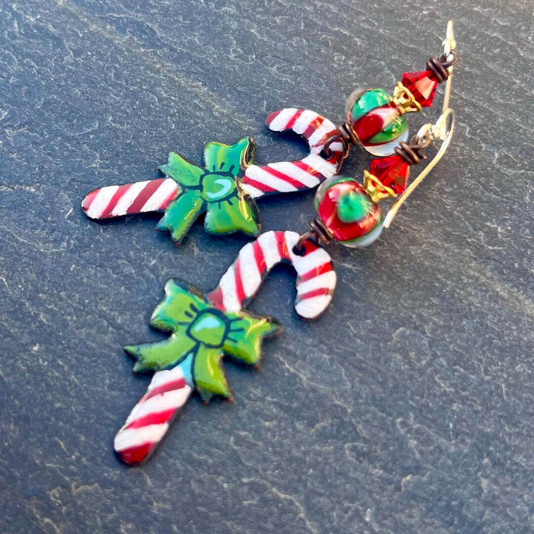 Candy Cane Earrings, Christmas Candy, Christmas Earrings, Enameled ...