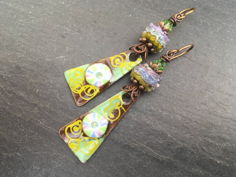 Spring Green Earrings Enameled Copper Dangle Earrings Spring Etsy