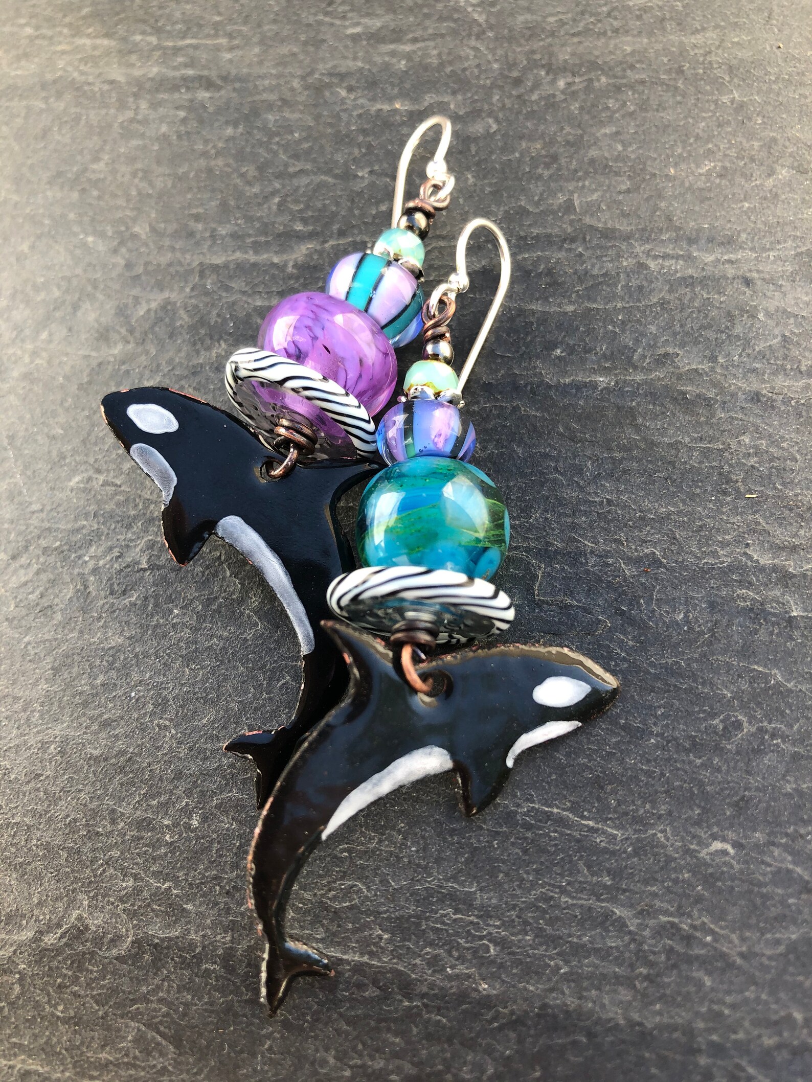 Orca Earrings Enameled Copper Earrings Asymmetrical - Etsy New Zealand