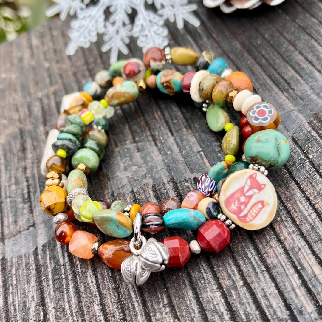 Turquoise Stacking Bracelets Set, Fall Fox Charm, Jasper Abalone Beaded ...