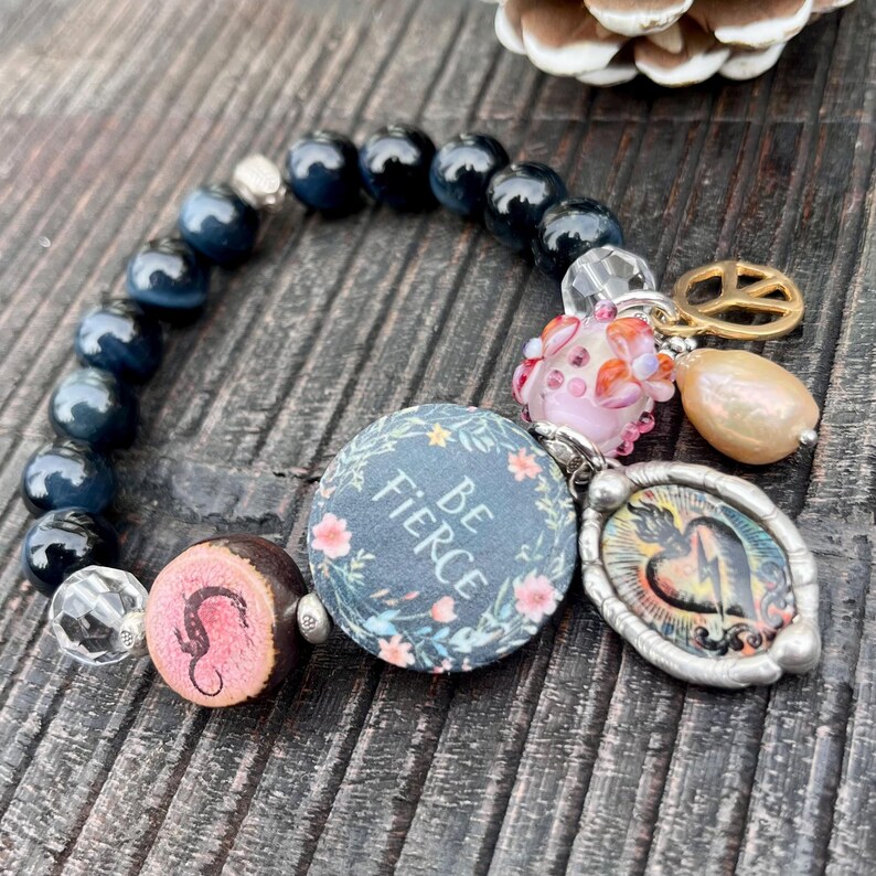 Be Fierce Bracelet, Dragon, Flaming Heart, Peace, Pearl, Valentine ...