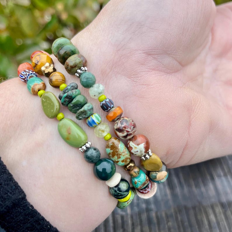 Turquoise Stacking Bracelets Set, Fall Fox Charm, Jasper Abalone Beaded ...