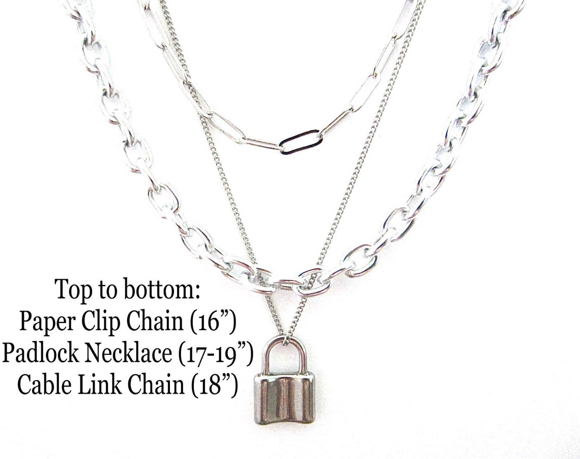 Padlock Necklace Set Paper Clip Layering Chains Silver - Etsy