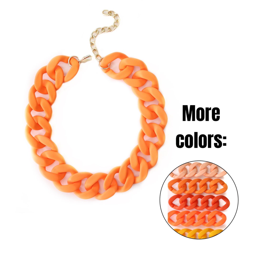 Chunky Orange Necklace, Bright Orange Statement Chain, Large Matte Link ...