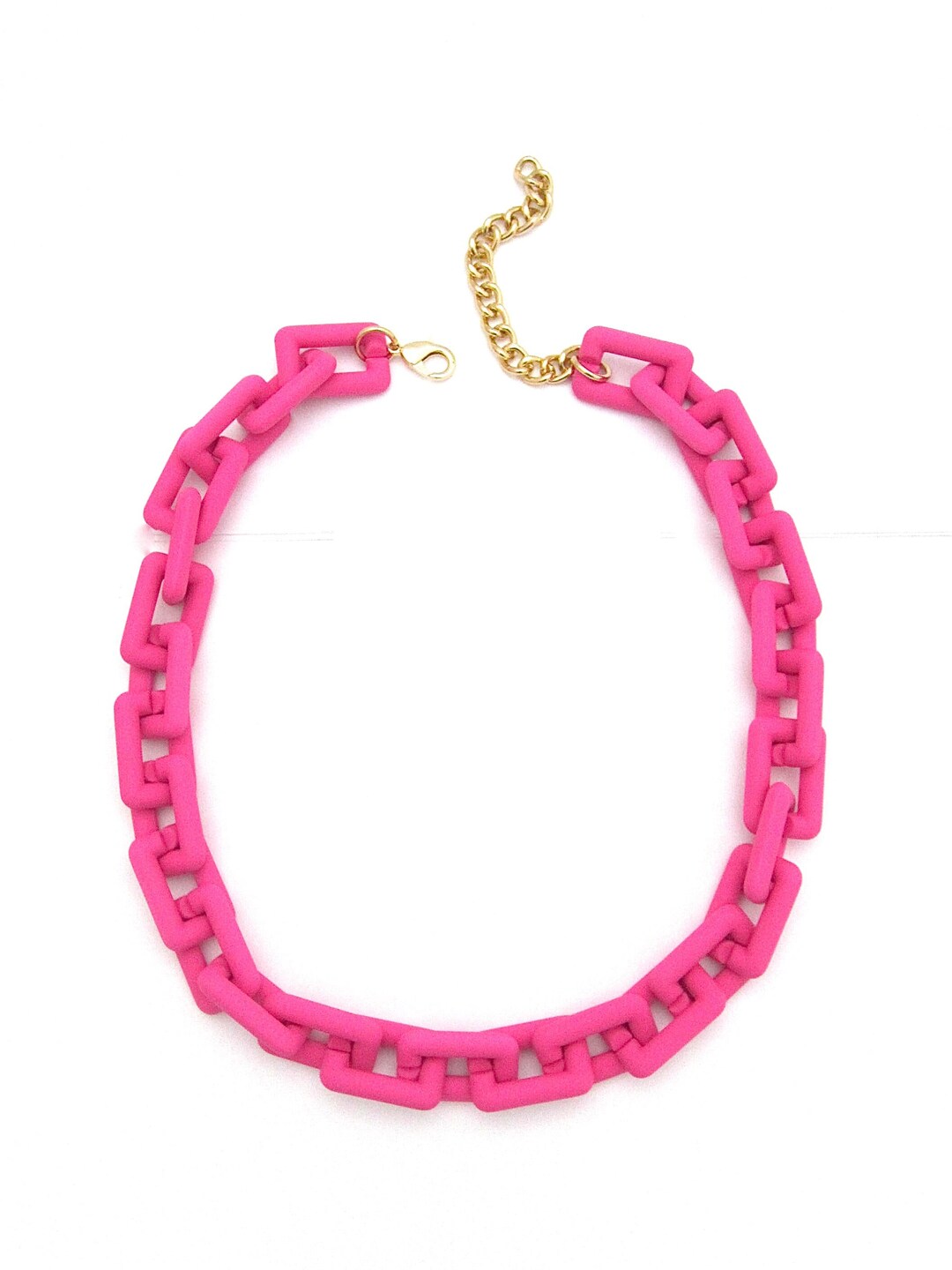 Matte Hot Pink Necklace, Resin Acrylic Link Chain, Geometric Statement ...