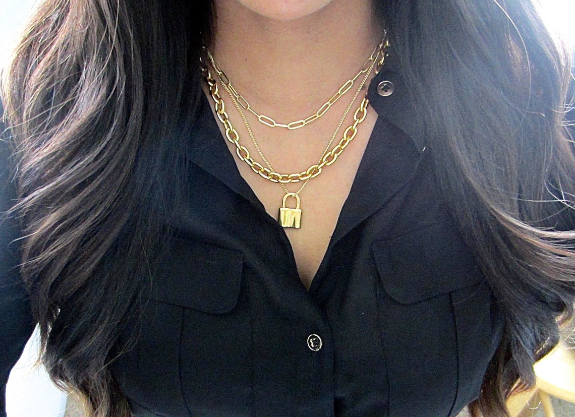 Padlock Necklace Set Paper Clip Layering Chains Silver - Etsy